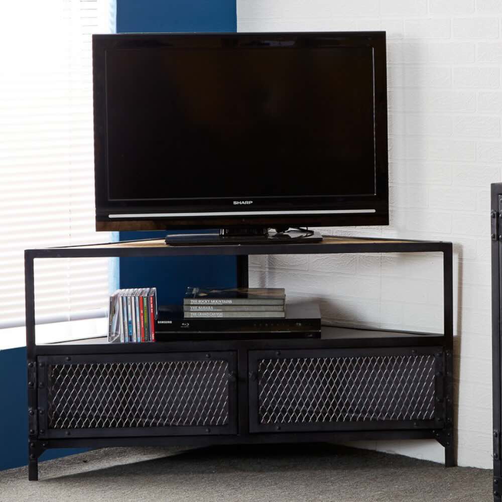 Willowbrook Industrial Black Metal Corner TV Stand With Mango Wood Top Light Mango Wood