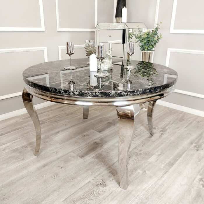 Luxury 130cm Round Black Marble Dining Table And 4 Black Velvet Chairs Clickabode